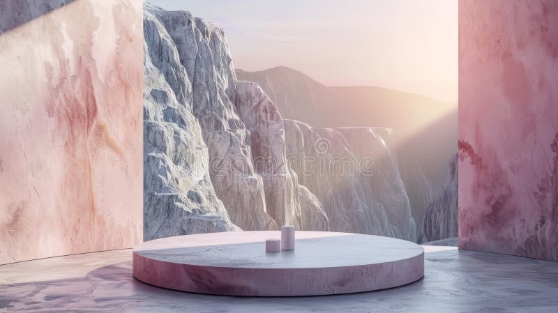 Minimal Stone Podium Platform Overlooking Mountain Landscape at Sunset ...