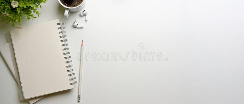 Minimal Study Table with Copy Space, Notebooks, Pencil and Cup on White ...