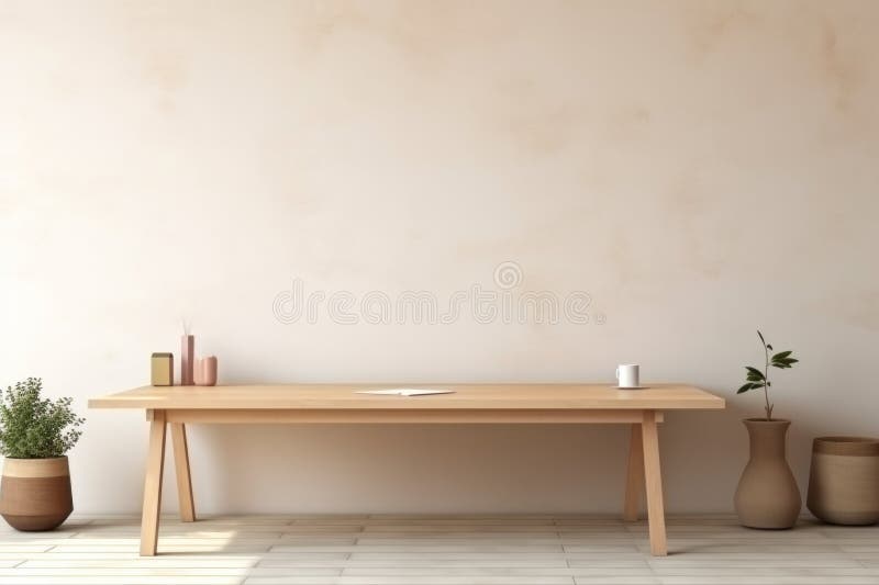 Minimal Style Room with Blank Wall and Wooden Table Stock Photo - Image ...