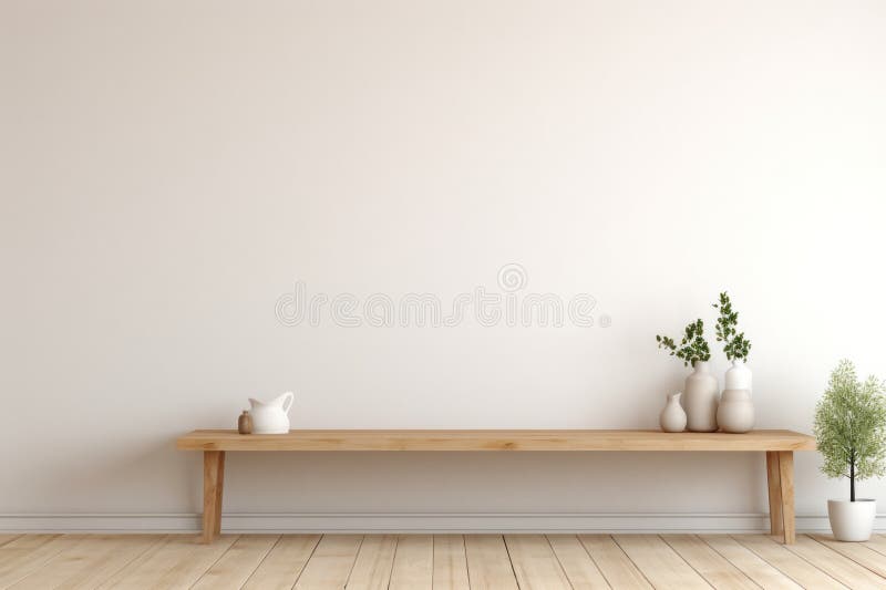 Minimal Style Room with Blank Wall and Wooden Table Stock Image - Image ...