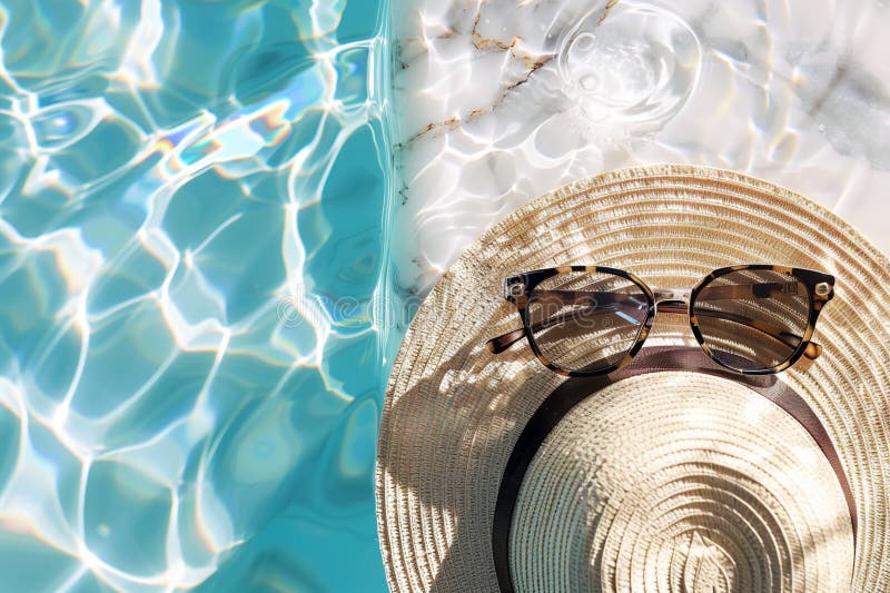 Minimal Summer Flat Lay Sunglasses and Straw Hat by Marble Pool with ...
