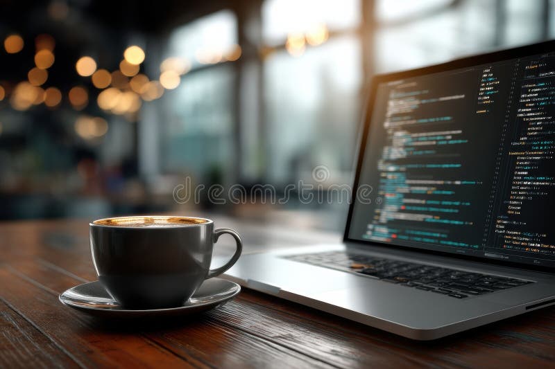 Minimal Tech Startup Workspace Features Laptop Displaying Code Alongside Cup of Coffee in a Cozy ...