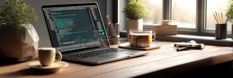 Minimal Tech Startup Workspace with Laptop, Coffee, and Coding Activity in a Bright Setting ...