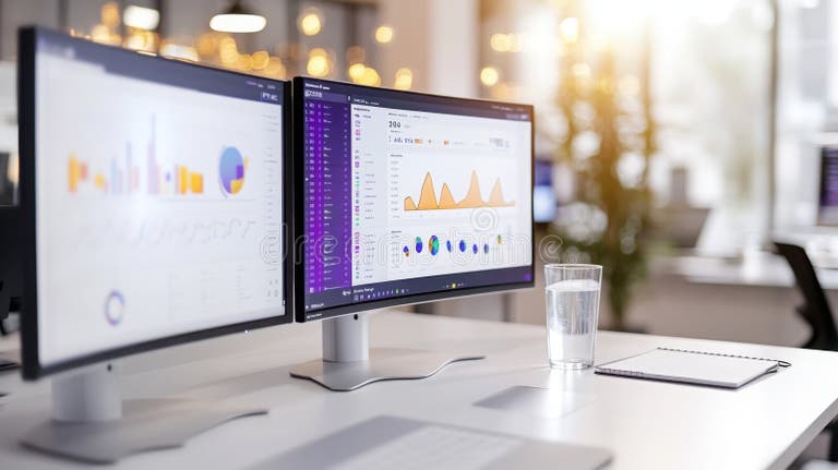 Minimal Tech Studio with Triple Vertical Monitors Displaying Real-time ...