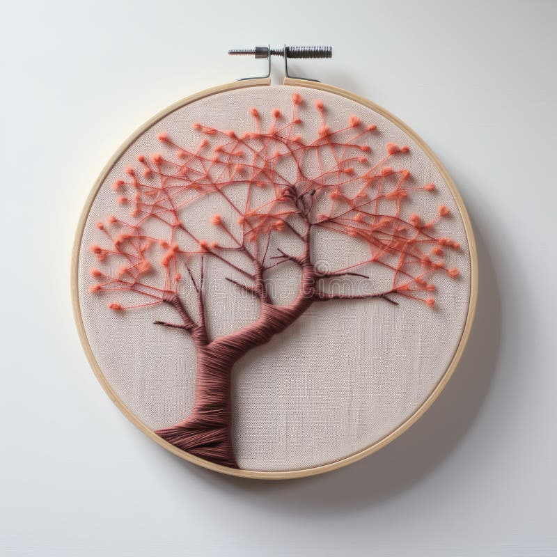 Minimal Textile Art: Hyperrealistic Hoop with Red and Orange Tree Stock ...