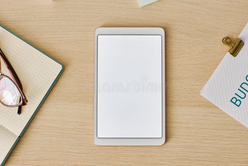 Minimal Top View Digital Tablet with White Screen Mockup at Light Wood ...