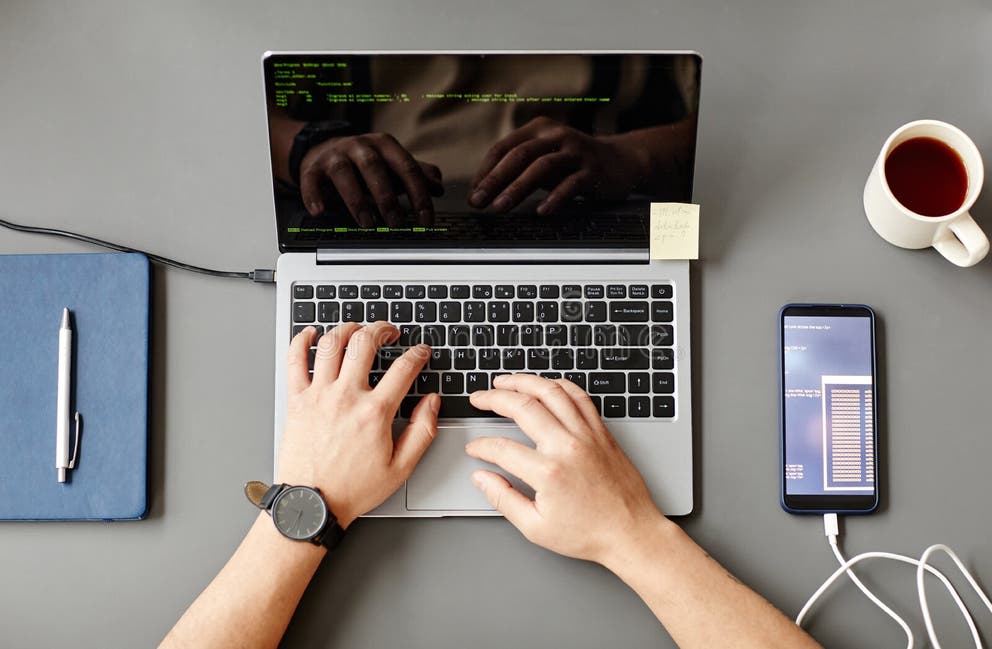 Developer Writing Code Top View Stock Photo - Image of technology ...