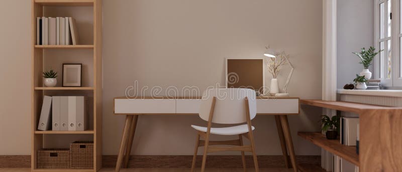 Minimal White Cozy Study Room with Study Table, Books, Stationeries ...