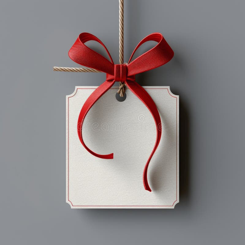 Minimal White Gift Tag with Red Ribbon on Grey Background Stock ...