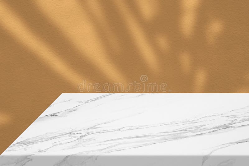 Minimal White Marble Table Corner with Leaves Shadow and Beige Beam on ...