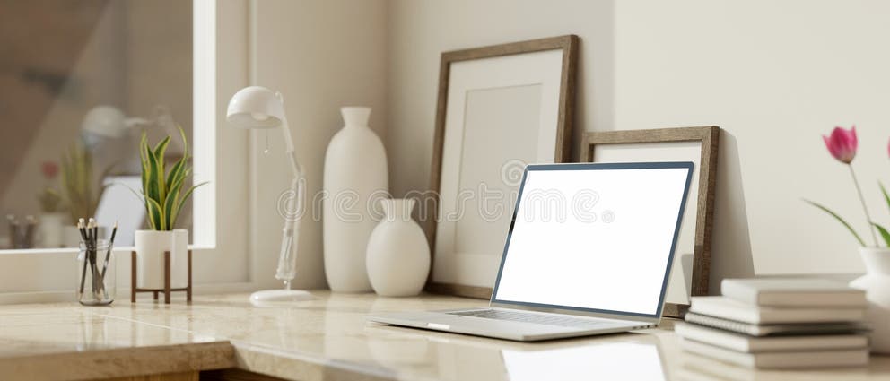 Minimal White Office Desk Workspace with Notebook Laptop Mockup and ...