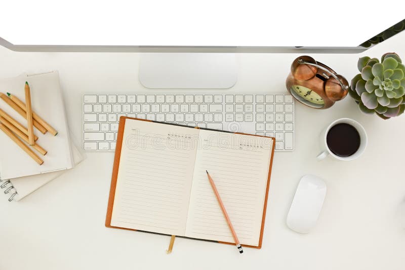 Minimal White Office Desk Workspace Top View with Empty Pages Notebook ...