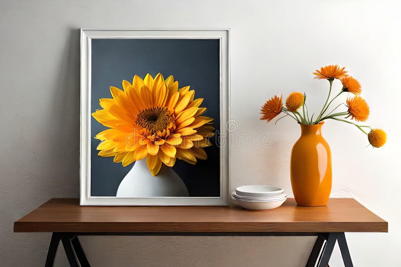 Minimal White Picture Frame Canvas Display with Flower in Vase Stock ...