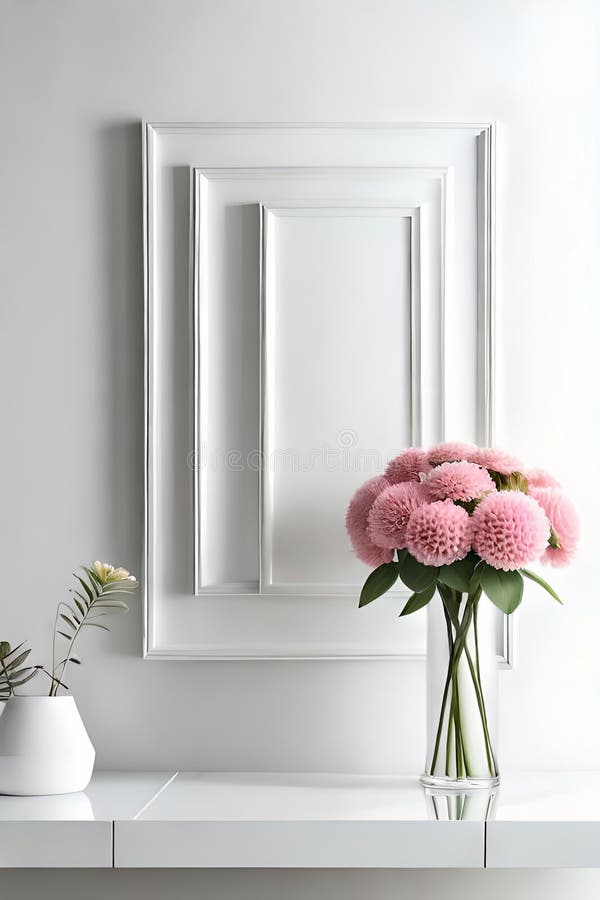 Minimal White Picture Frame Canvas Display with Flower in Vase Stock ...