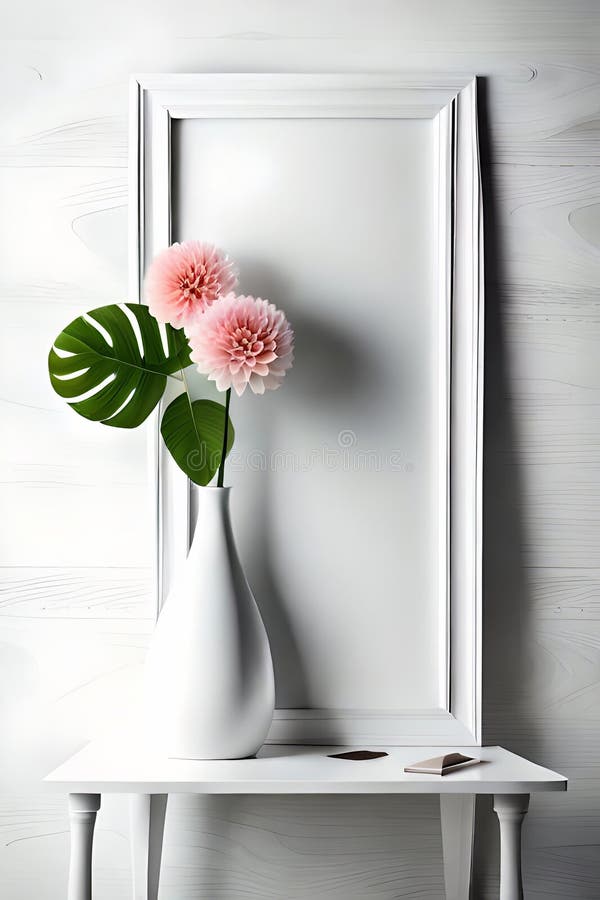 Minimal White Picture Frame Canvas Display with Flower in Vase Stock Illustration - Illustration ...