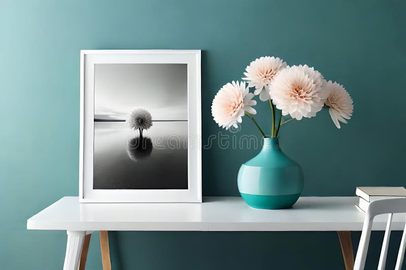 Minimal White Picture Frame Canvas Display with Flower in Vase Stock ...