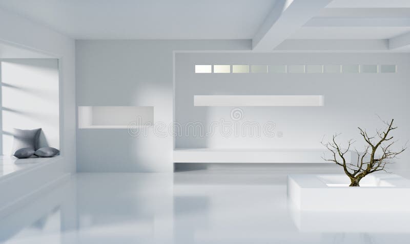 Minimal White Room with Tree in Room Stock Illustration - Illustration ...