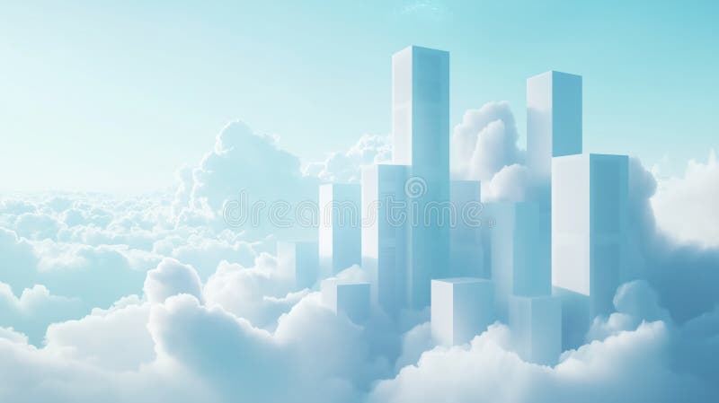 Minimal White Skyscraper Blocks Floating Above Clouds in Blue Sky Stock ...