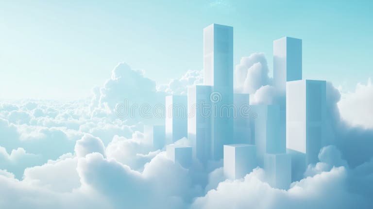 Minimal White Skyscraper Blocks Floating Above Clouds in Blue Sky Stock ...
