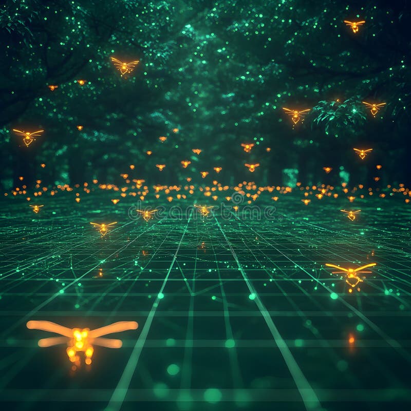 Minimal Wireframe Grid Over Glowing Green Forest with Firefly Patterns ...