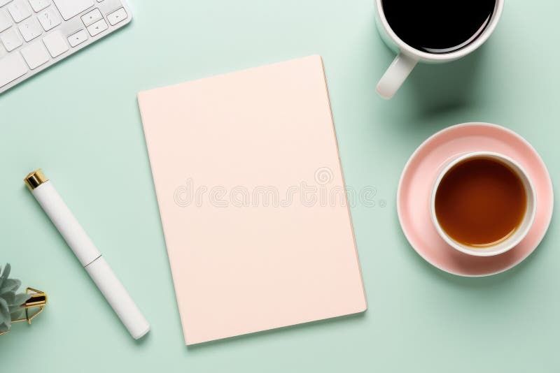 Minimal Workplace with Laptop and Blank Notepad on Mint Color ...