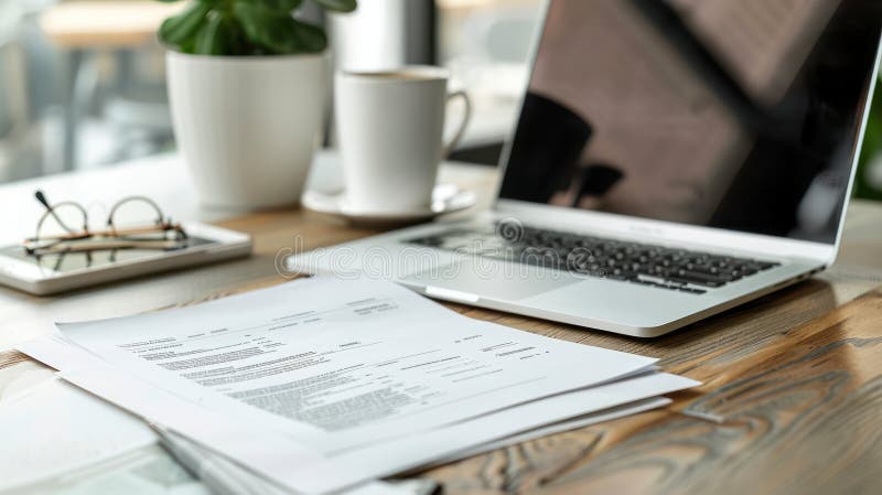 Minimal Workplace with Open Laptop Computer with Coffee Cup and Office ...