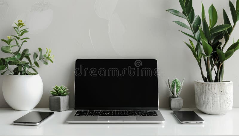 Minimal Workspace Mock Up with Laptop, Smartphone, and Decorations in ...