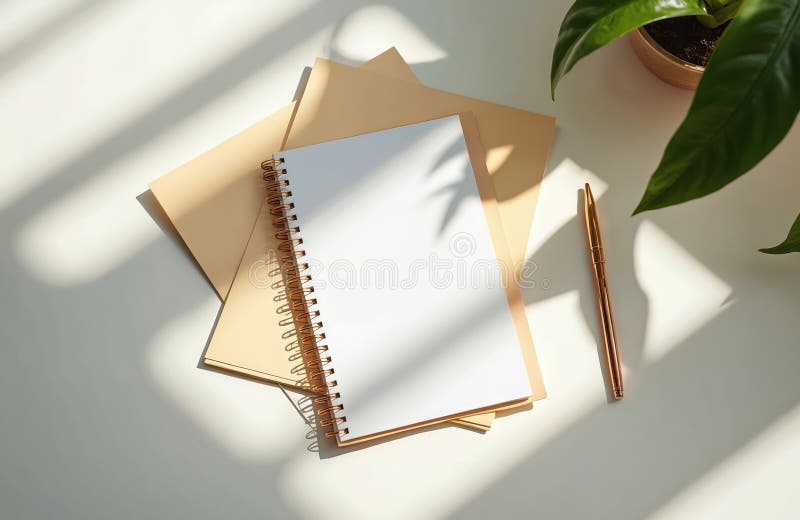 Minimal Workspace with Notebook, Pen, Sunlight Shadow. Blank Paper ...