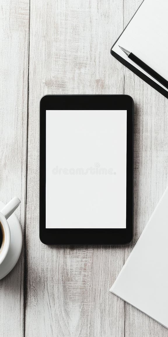 Minimal Workspace with Tablet, Coffee, and Notebook on Wooden Surface ...