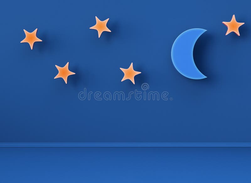 Minimalism Blue Color Empty Interior Scene with Cartoon Styled Moon and ...