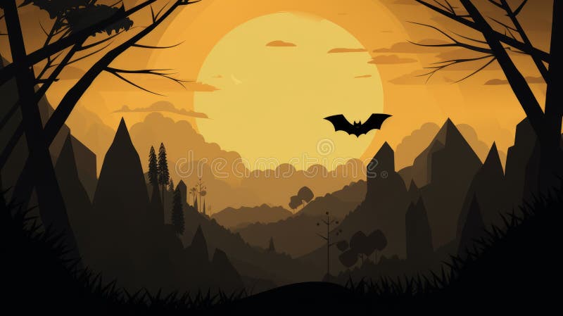 Minimalism Illustration of Autumn Sunset with Bat, Trees, and Mountains ...