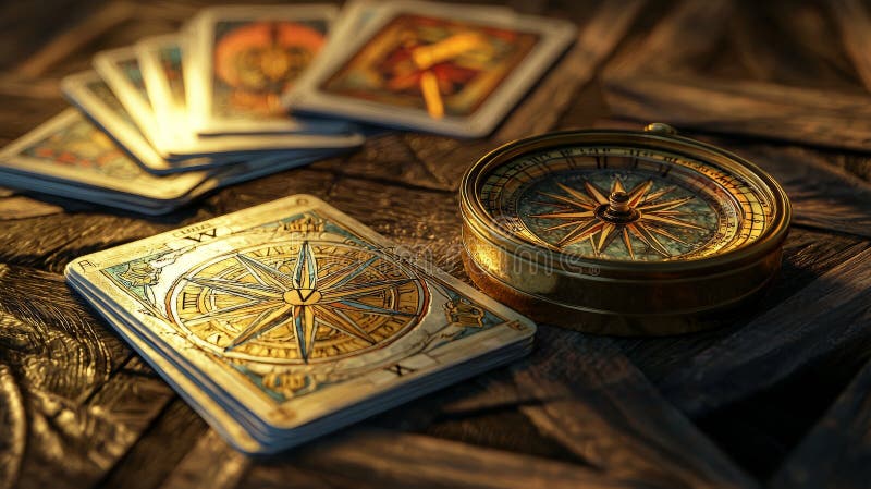 Minimalist 3D Scene Featuring Tarot Cards and a Compass Stock ...
