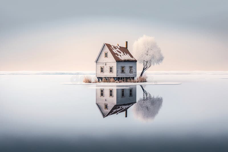 Minimalism Lonely House and Tree Composition on Water Surface in Winter ...