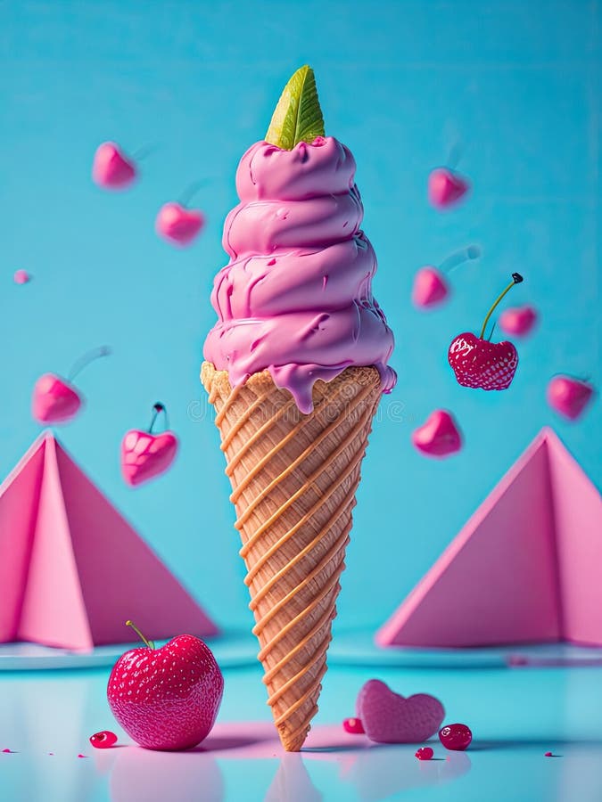 Minimalism Pink Ice Cream with Cherries. Ai Generative Stock ...