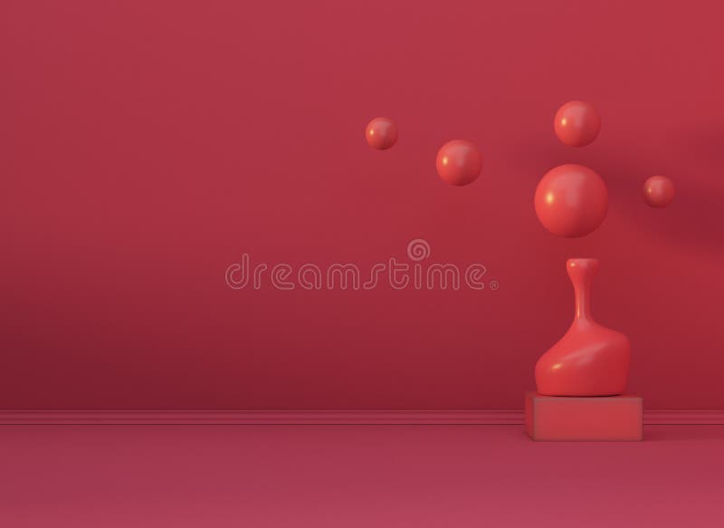 Minimalism Red Color Interior Scene with Vase and Abstract Spheres ...