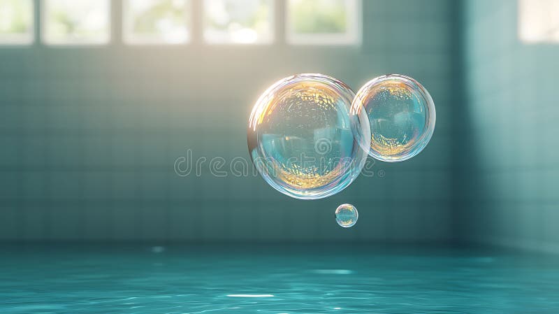 Three Iridescent Bubbles Float Above a Tranquil Teal Water Surface ...