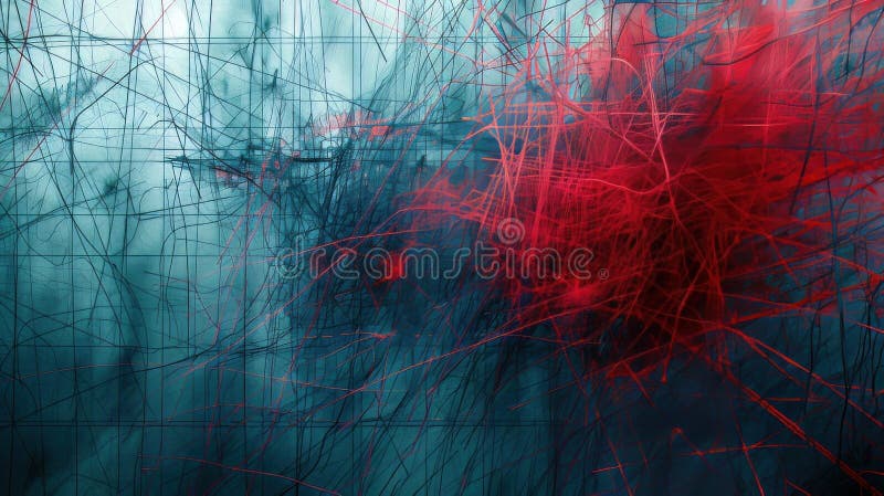Minimalist Abstract Background: Blue Grid Disrupted by Red Scribbles ...