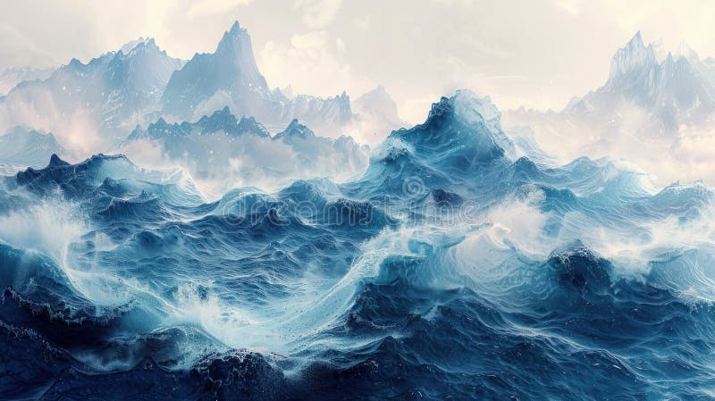 Minimalist Abstract Ocean Wave and Mountain Print with Contemporary ...