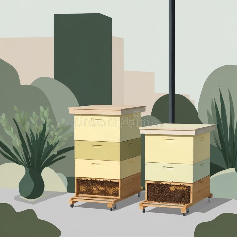 Abstract Minimalist Depiction of Urban Beekeeping with Clean Hives and ...