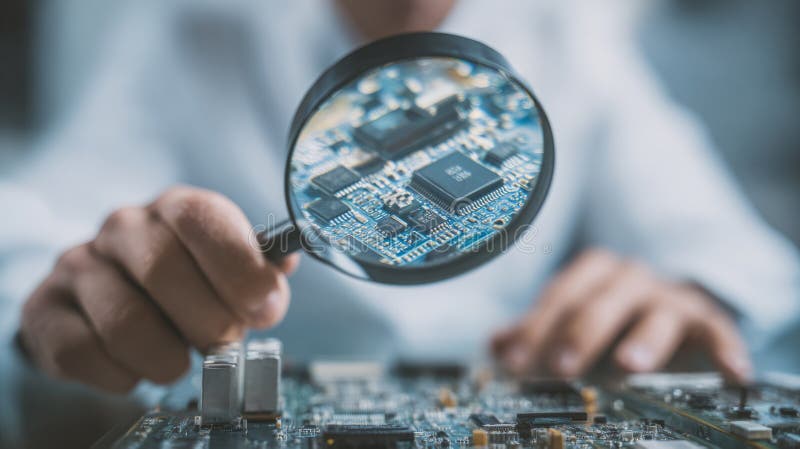 Minimalist Aesthetic, Tech Worker Assembling Circuit Board Under Magnifying Lens Stock Photo ...