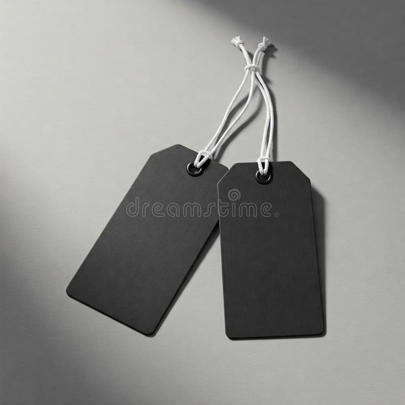 Black Blank Tags with White String on Neutral Background Stock ...