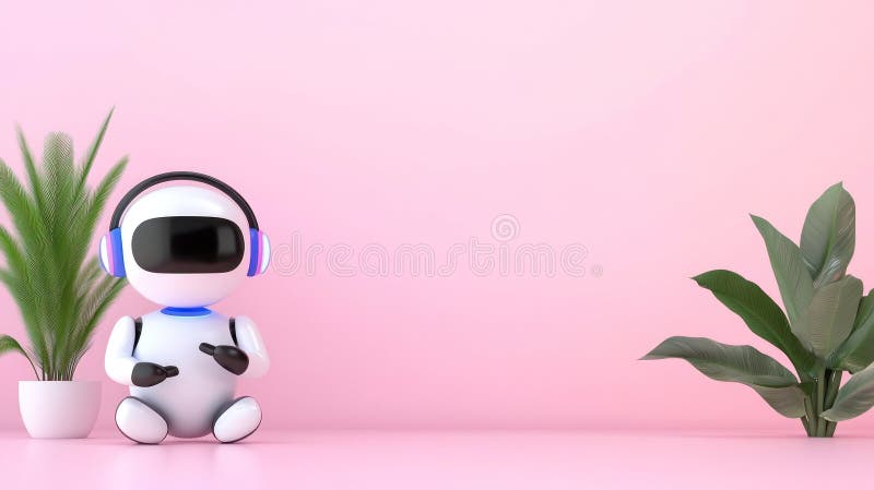 Minimalist AI Robot Providing Tech Support with Headset on Pink ...