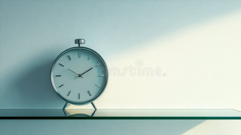 Minimalist Analog Clock on Glass Shelf with Soft Daylight Shadows Stock ...