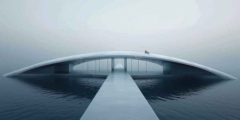 Minimalist Architectural Building or Bridge Surrounded with Calm River ...