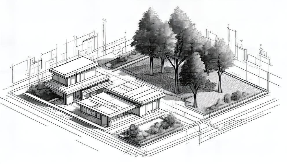 Minimalist Architectural Drawing Tree Line in Monochrome Forest View ...