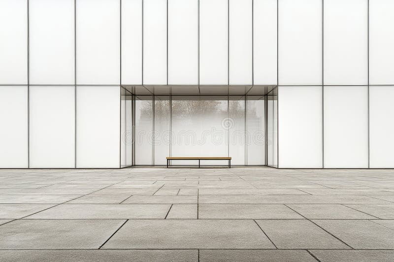 A Minimalist Architectural Facade Featuring a Bench and Large Glass ...