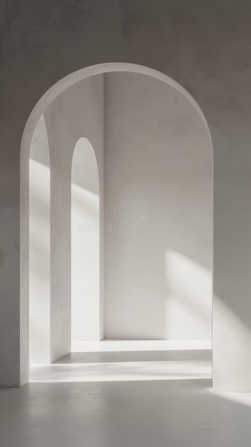 Minimalist Architectural Interior with Arched Doorways and Sunlight ...