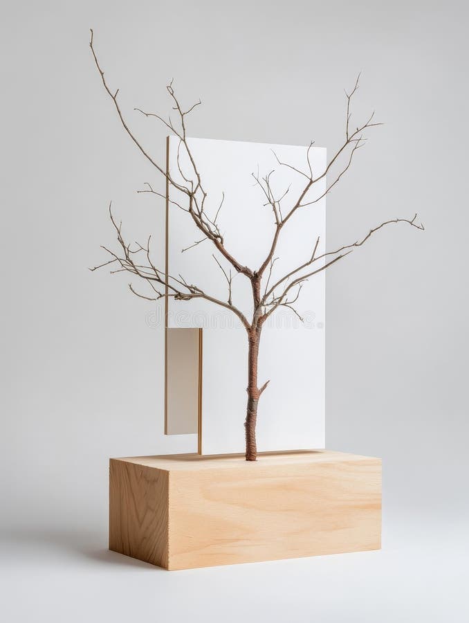 Minimalist Architectural Model Featuring a Bare Tree Branch Emerging ...