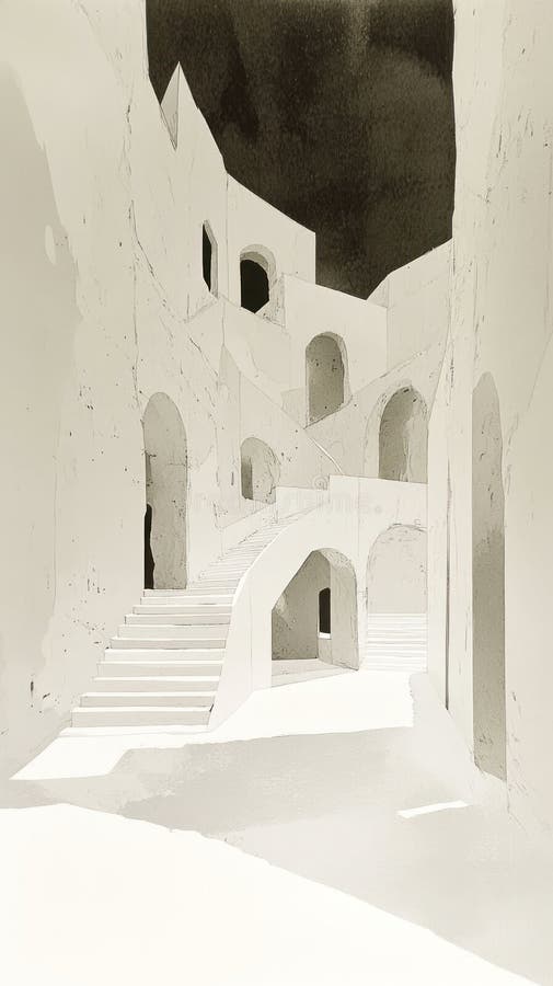 A Minimalist Architectural Scene Featuring Arched Structures and Stairs ...