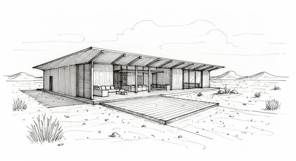Minimalist Architectural Sketch of a Flat-roofed, Rectangular Building ...